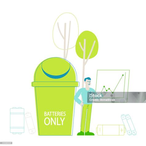 남자 캐릭터 사용 및 재활용 배터리 전자 폐기물의 통계 정보와 함께 성장 화살표 차트를 수행 합니다 데이터 그래프 쓰레기 분리 및 지구 오염을 감소 선형 벡터 일러스트레이션