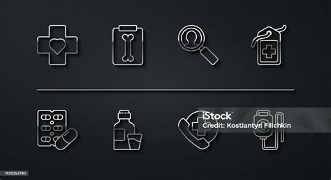 십자가와 함께 라인 심장 물집 팩에 알약 크로스 병원 의료 태그 응급 전화 약 시럽 병 엑스레이 샷 Iv 가방 및 의료 분석 아이콘 벡터 1위에 대한 스톡 벡터 아트 및