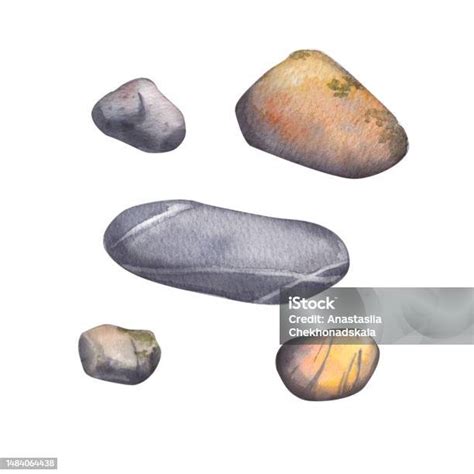 흰색 배경에 격리된 다양한 크기의 바다 돌 세트 회색 줄무늬 돌의 수채화 그림 수중 바닥 수족관 장식입니다 라벨 디자인 팩에 적합합니다 강에 대한 스톡 벡터 아트 및 기타