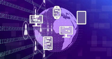 image of flowchart application icons binary codes and rotating globe over abstract background