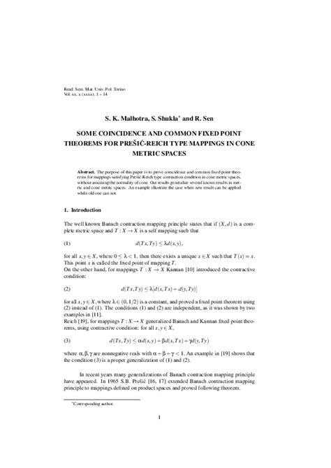 Pdf Some Coincidence And Common Fixed Point Theorems For Ordered Prešić Reich Type Contractions