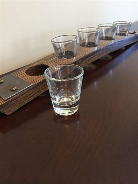 Shot Glass Flight Tray Made From Reclaimed Whiskey Bourbon Barrel Staves With 5 Shot Glasses