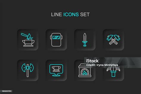 세트 라인 클래식 철 울타리 대장장이 오븐 모루 도구 중세 장대 도끼 교차 망치 검 용접 마스크 및 모루 및 아이콘 벡터 강철에