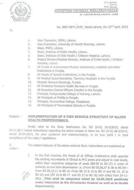 4 Tier Service Structure Of Allied Health Professionals Punjab