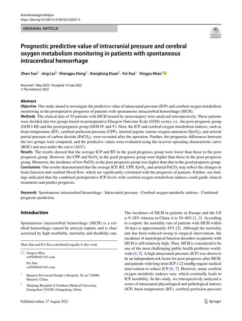 Pdf Prognostic Predictive Value Of Intracranial Pressure And Cerebral Oxygen Metabolism