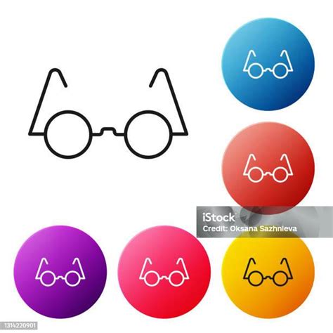 흰색 배경에 격리 된 검은 색 라인 안경 아이콘 아이콘 을 다채로운 원 버튼을 설정합니다 벡터 개인 장식품에 대한 스톡 벡터