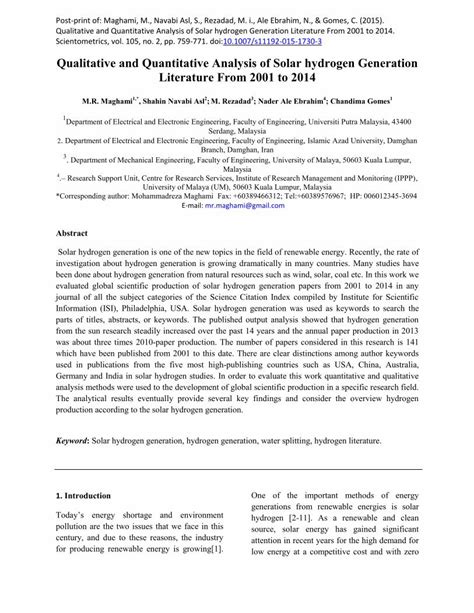 Pdf Qualitative And Quantitative Analysis Of Solar Hydrogen
