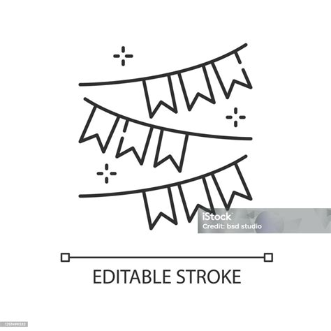 파티 화환 픽셀 완벽한 선형 아이콘 축제 깃발을 걸어 생일과 기념일을 축하합니다 얇은 선 사용자 정의 일러스트레이션 윤곽 기호입니다 벡터 격리 된 윤곽선 도면입니다 편집