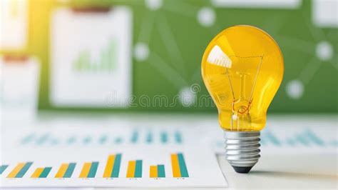 Yellow Light Bulb On A Table With Analytic Graphs And Charts In The Background Stock