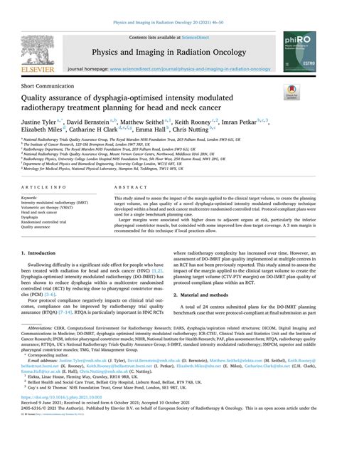 Pdf Quality Assurance Of Dysphagia Optimised Intensity Modulated Radiotherapy Treatment