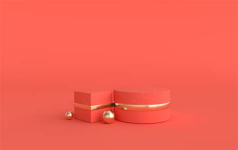 기하학적 모양의 3d 렌더링 스튜디오 바닥에 연단 제품 프레젠테이션을 위한 플랫폼 배경 모의 미니멀 한 디자인 파스텔 및 골드 색상의 추상적 구성 0명에 대한 스톡 사진 및