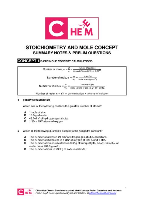 Stoichiometry And Mole Concept Prelim Questions And Answers 1 Chem Not Cheem Stoichiometry