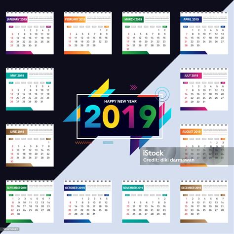 달력 2019입니다 다채로운 세트 설정 책상과 벽 달력 서식 파일 사진 및 회사 로고에 대 한 공간 디자인 주 일요일에 시작 합니다 12 개월의 집합입니다 벡터 일러스트