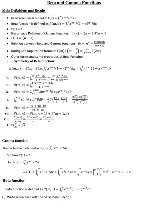 Printed Notes Beta Gamma Function Beta And Gamma Functions Main