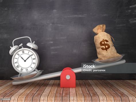 칠판 배경에 달러 돈 자루와 시계와 시 소 규모3d 렌더링 시간에 대한 스톡 사진 및 기타 이미지 시간 지폐 통화 교육 Istock