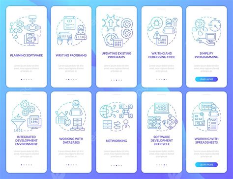 Mobile App Onboarding Screen Set With Blue Gradient Showcasing Programmer Skills Vector Data