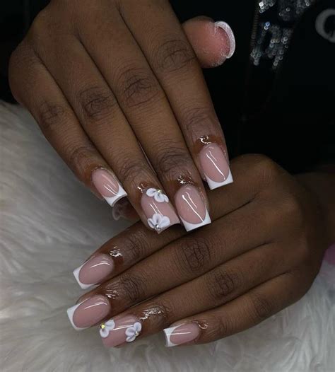 Short White French Tip Flowers Nail Ideas French Tip Square With Flower French Nails With