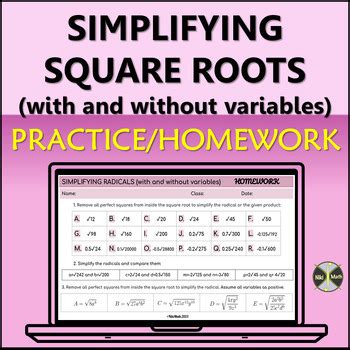 Simplifying Radicals Square Roots With Without Variables Practice Homework