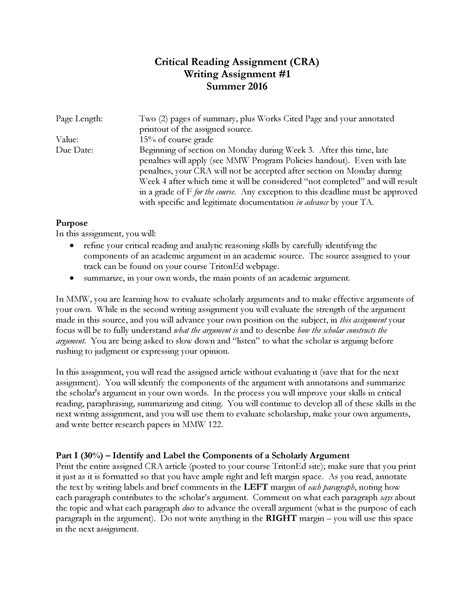 Critical Reading Assignment Prompt Mmw121 S116 Critical Reading Assignment CRA Writing Studocu