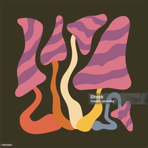 그루비 마법 버섯 포스터 복고풍 트리피 펑키 스타일 트렌디 한 팔레트의 미적 벽 아트를 유기적으로 형성합니다 강렬하고 밝은 색상에 대한 스톡 벡터 아트 및 기타 이미지