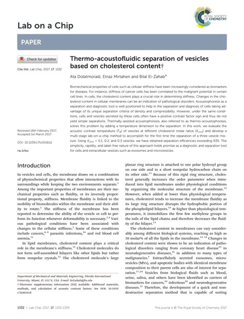 Pdf Thermo Acoustofluidic Separation Of Vesicles Based On Cholesterol Content
