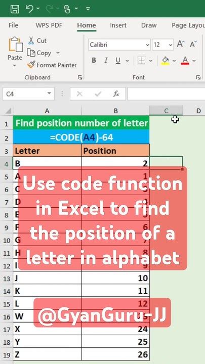 Use Code Function In Excel To Find The Position Of A Letter In Alphabet