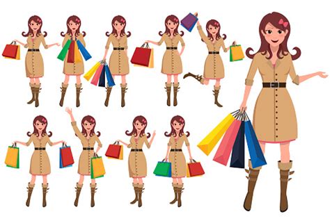 쇼핑 여자 만화 캐릭터 설정 합니다 여자 벡터 캐릭터 패션 옷 다른 자세에서 서 있는 쇼핑백을 들고 벡터 일러스트입니다 가방에 대한 스톡 벡터 아트 및 기타 이미지 Istock