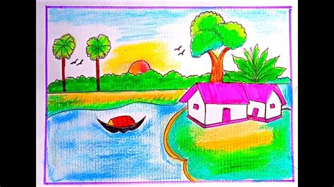 প্রাকৃতিক দৃশ্য আঁকা গ্রামের দৃশ্য আঁকা Gramer Chobi Aka Youtube