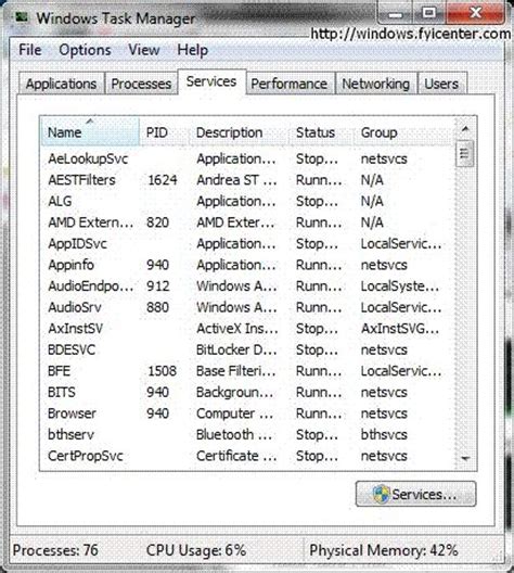 Windows 7 Services Tab In Windows Task Manager
