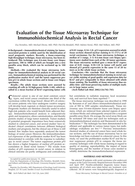Pdf Evaluation Of The Tissue Microarray Technique For Immunohistochemical Analysis In Rectal