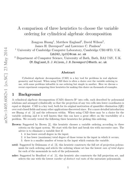 PDF A Comparison Of Three Heuristics To Choose The Variable Ordering For Cylindrical Algebraic