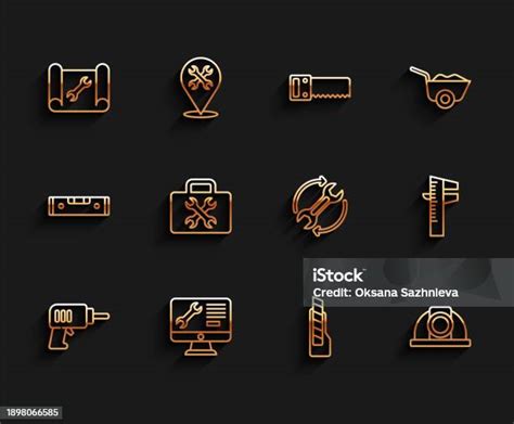 전기 드릴 머신 컴퓨터 모니터 서비스 그래프 용지 및 렌치 문구 나이프 작업자 안전 헬멧 도구 상자 캘리퍼스 캘리퍼스 스케일 및 렌치 화살표를 워크 플로 아이콘으로