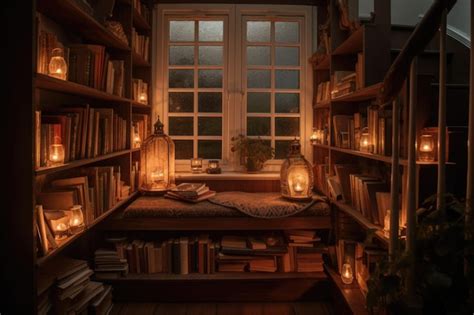 Premium Ai Image Cozy Reading Nook In A Library With Bookshelves And