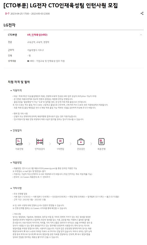 Lg그룹lg전자 Cto부문 Cto인재육성팀 인턴사원 채용 공모전 대외활동 링커리어