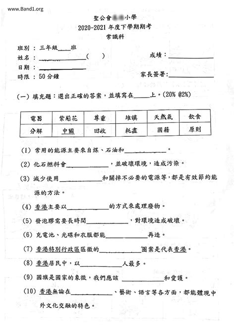 ★ ★ 小三 常識 P3 Gs 免費pdf試卷 Past Paper Band1org