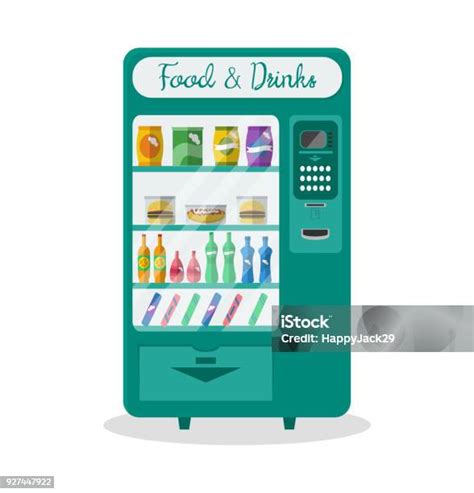 평면 스타일 녹색 자동 자판기 음식과 음료 간식 칩 햄버거 주스와 생된 수 간이 식품 자동판매기에 대한 스톡 벡터 아트 및 기타