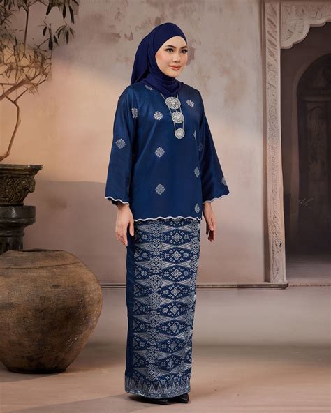 Kurung Ratna Kedah Sulam Dark Teal Blue Silver Songket Dunia