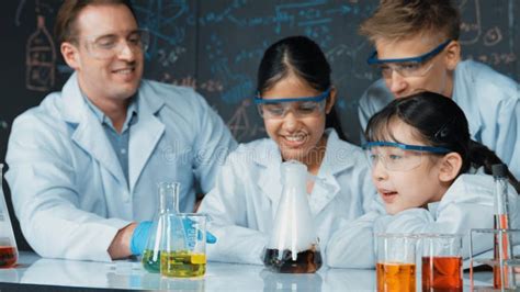 Cute Girl Looking At Beaker While Doing Experiment In Stem Class Edification Stock Image