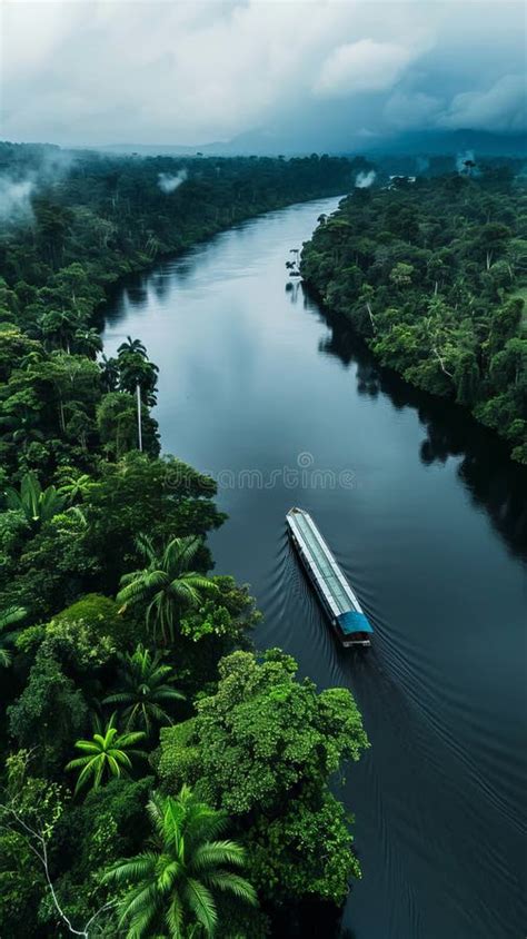 A Serene River Cruise Through Lush Rainforests Stock Illustration