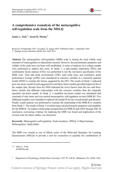 A Comprehensive Reanalysis Of The Metacognitive Self Regulation Scale From The Mslq Request Pdf