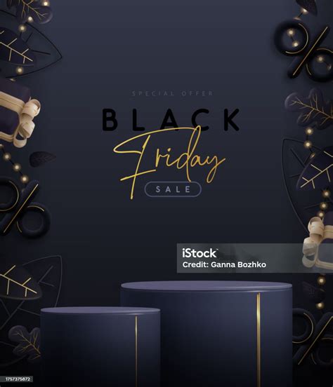블랙 프라이데이 빅 세일 쇼케이스 배경 3d 연단 조명의 문자열 단풍 및 선물 상자 벡터 일러스트 레이 션 11월에 대한 스톡 벡터 아트 및 기타 이미지 Istock