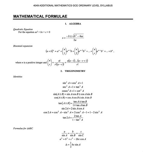2024 O Level A Math Formula Sheet