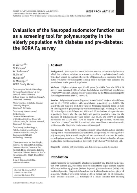 Pdf Evaluation Of The Neuropad Sudomotor Function Test As A Screening Tool For Polyneuropathy