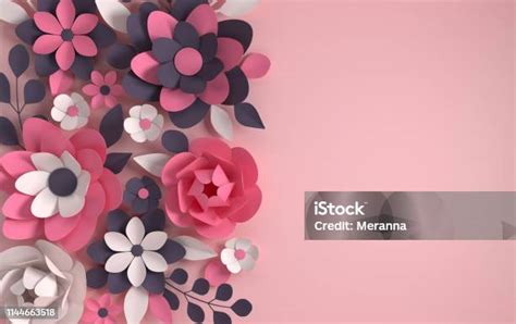 분홍색 배경에 종이 우아한 화려한 꽃입니다 발렌타인 데이 부활절 어머니의 날 결혼 인사말 카드 3d는 종이 아트 스타일의 디지털 봄 또는 여름 꽃 그림을 렌더링 합니다 꽃