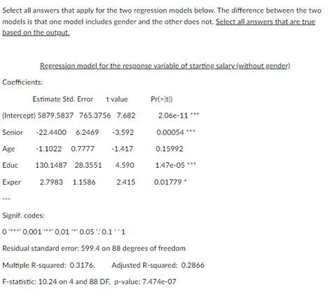 Solved Select All Answers That Apply For The Two Regression