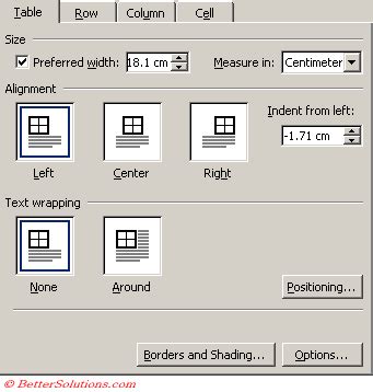 Word Tables Table Properties