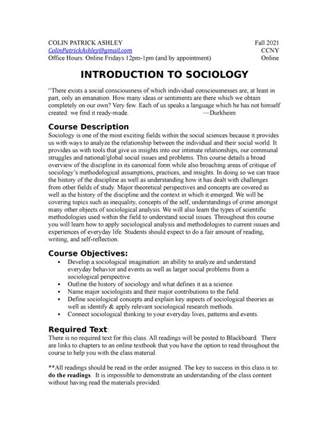 Syllabus Intro To Soc Fall 2021 City College COLIN PATRICK ASHLEY Fall 2021 Studocu
