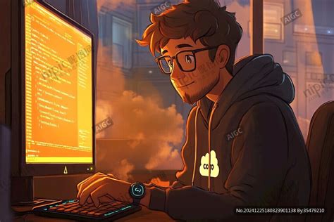 Ai创作图前端程序员 人物编程插画 写代码的人 It程序员 加班程序员 程序员简历 科技男插画 云开发人员 码农 程序员工作室 It编程 极客