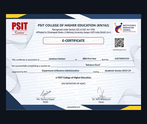 Earned Advance Excel Certificate From Psit Che Jansheen Darbari