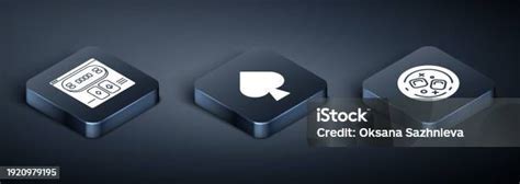 아이소 메트릭 온라인 포커 테이블 게임 위스키와 얼음 조각의 유리와 스페이드 기호 아이콘과 카드 놀이를 설정합니다 벡터 3차원 형태에 대한 스톡 벡터 아트 및 기타 이미지